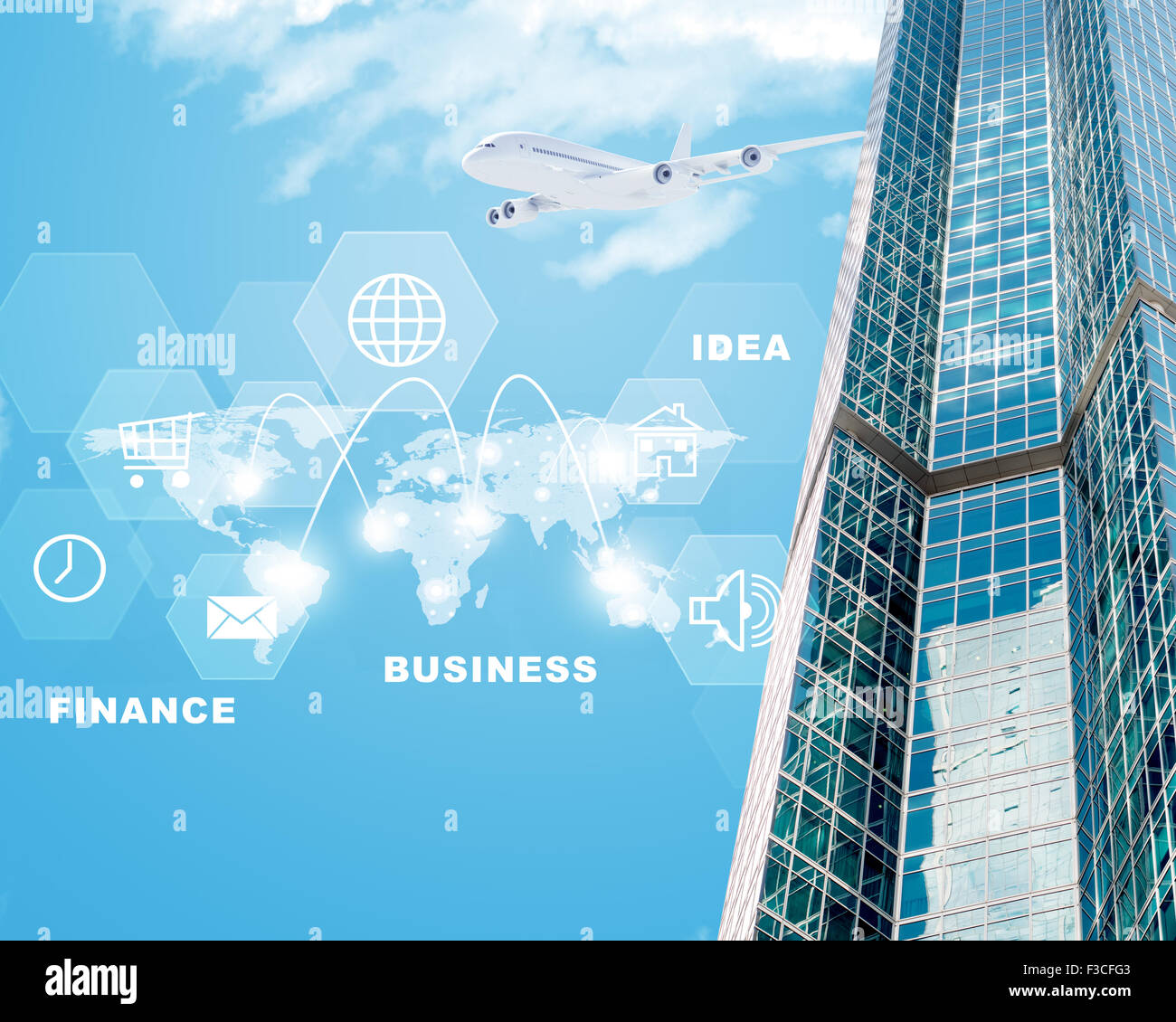 Building with world map and jet Stock Photo - Alamy