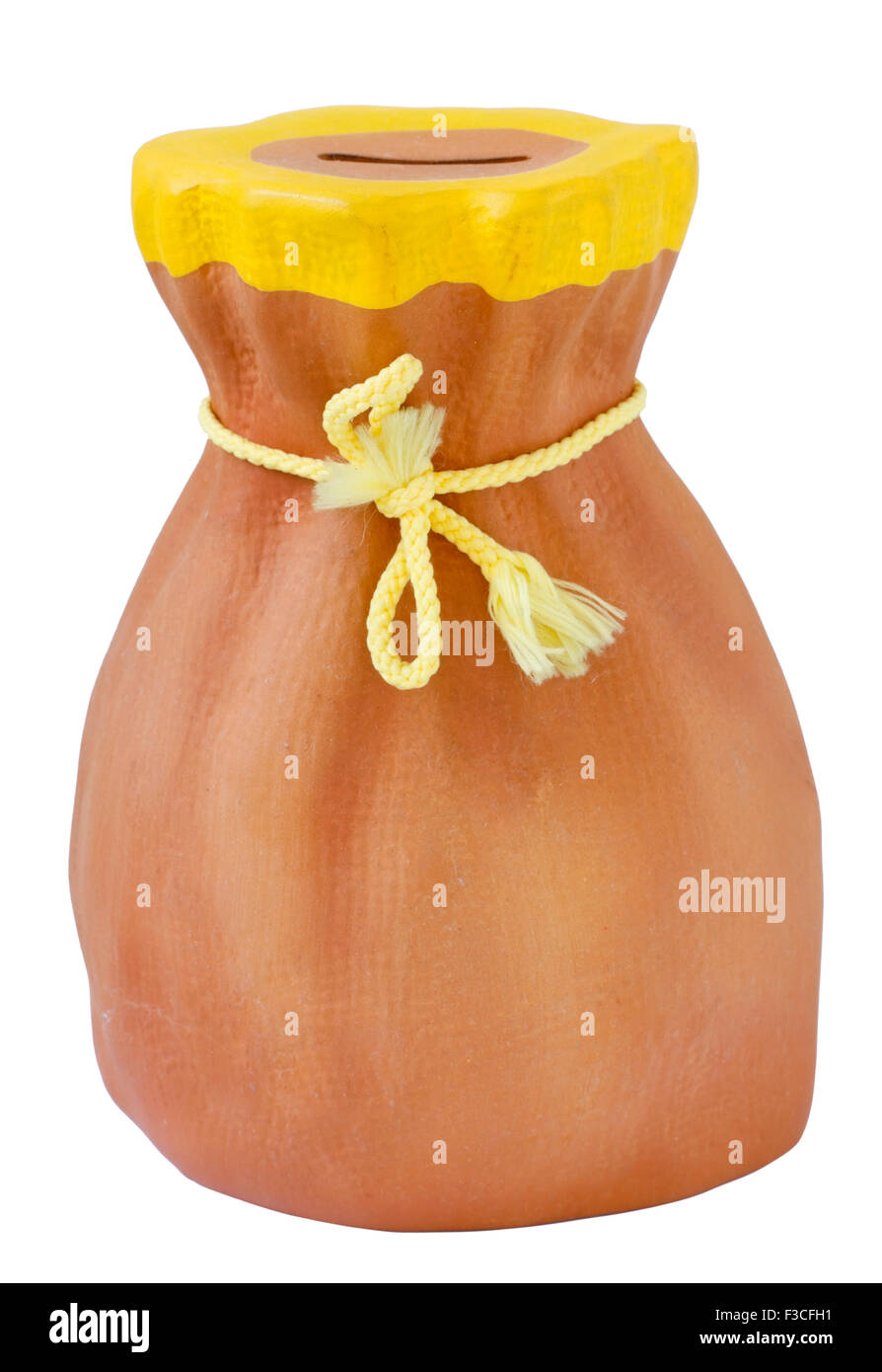 The clay moneybox is made as a sack with money. Isolated. Mass ...