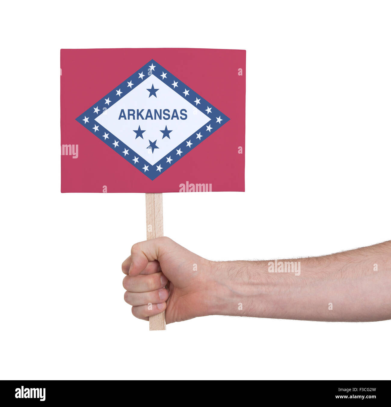 Hand holding small card, isolated on white - Flag of Arkansas Stock ...