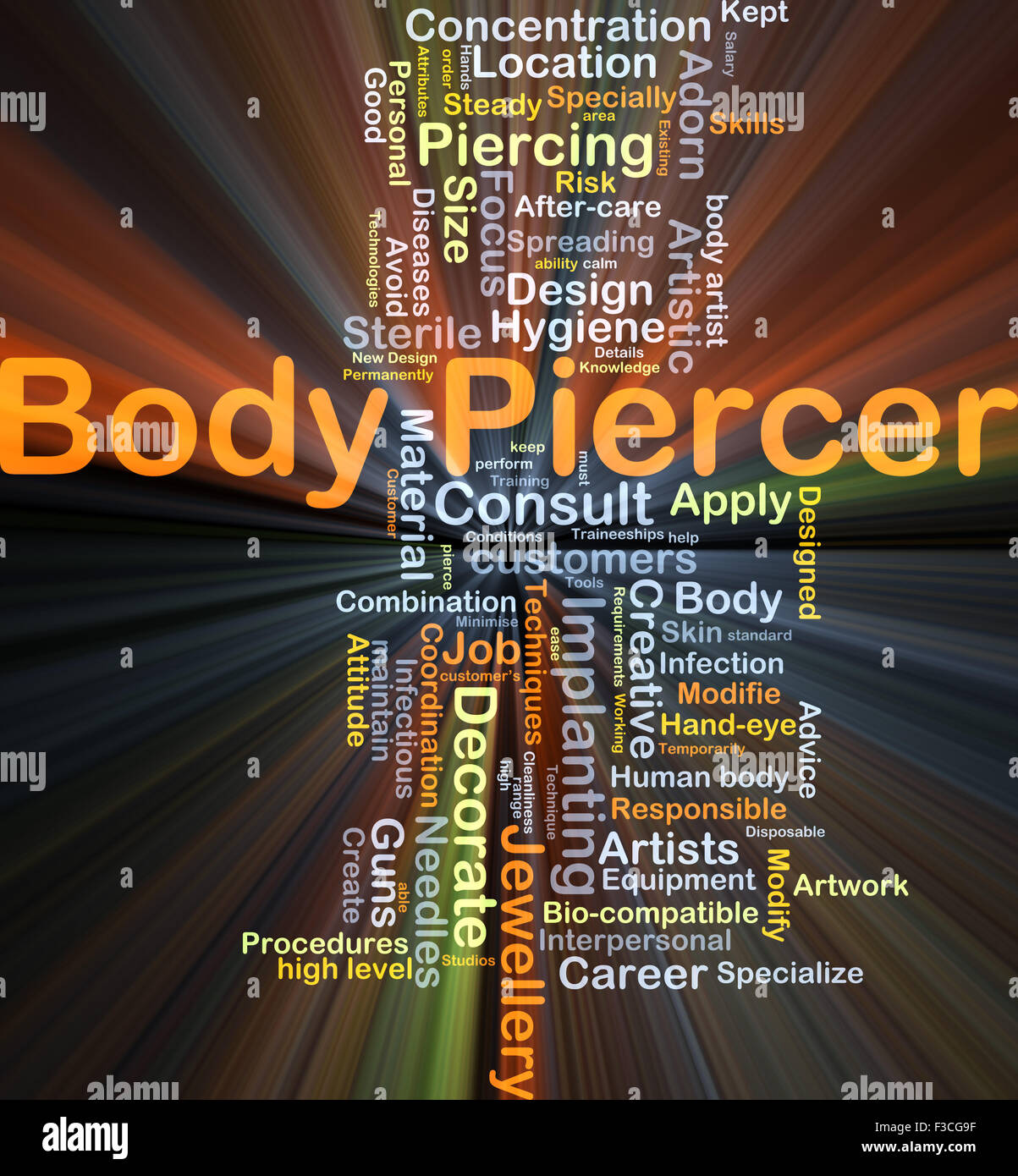 Background concept wordcloud illustration of body piercer glowing light ...