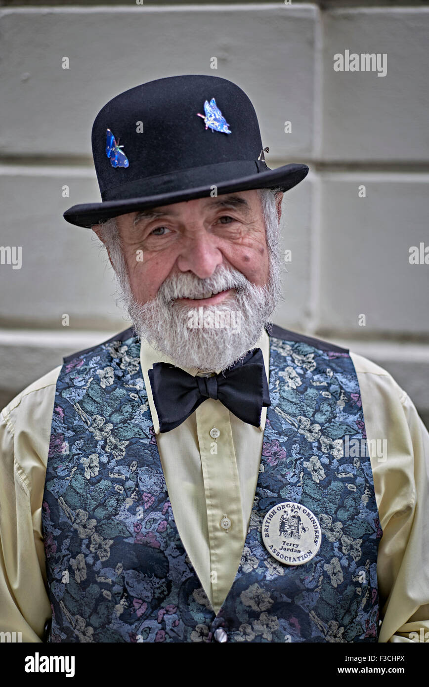 Portrait English senior man in bowler hat and waistcoat. England UK ...