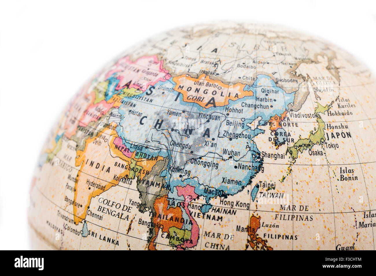 Part of a globe with map of China isolated on white background Stock ...