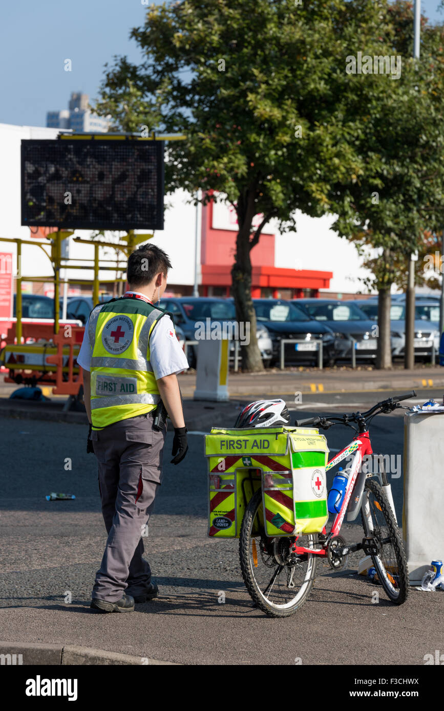 A Red Cross First aid cycle medic outside Leicester City football club ...