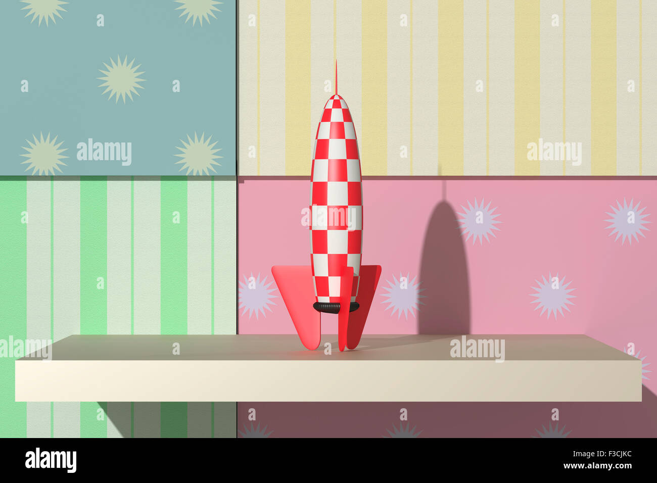 3d rendering of a red and white rocket and stars on a colored ...