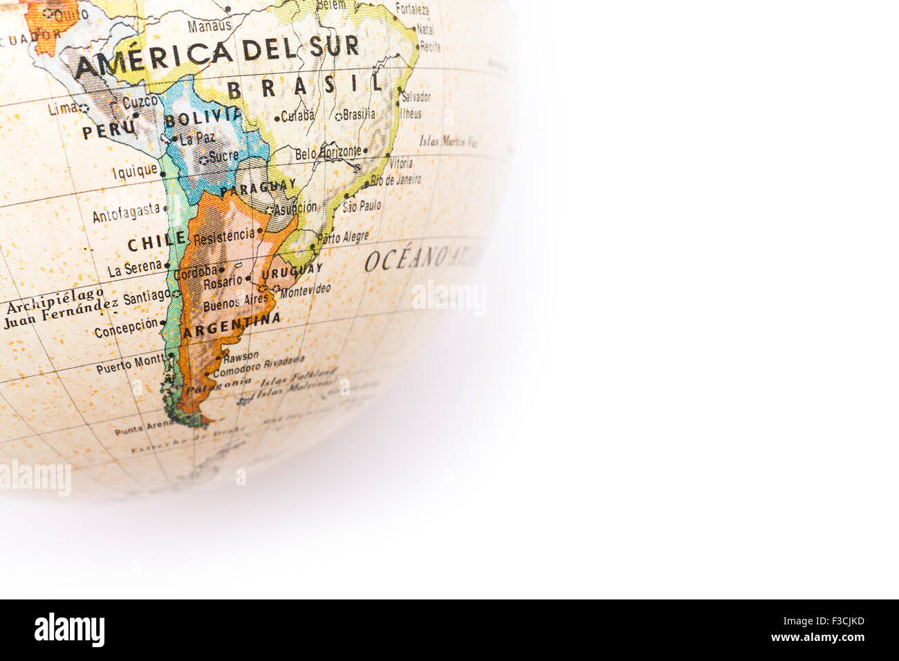 Part of a globe with map of South America isolated on white background ...