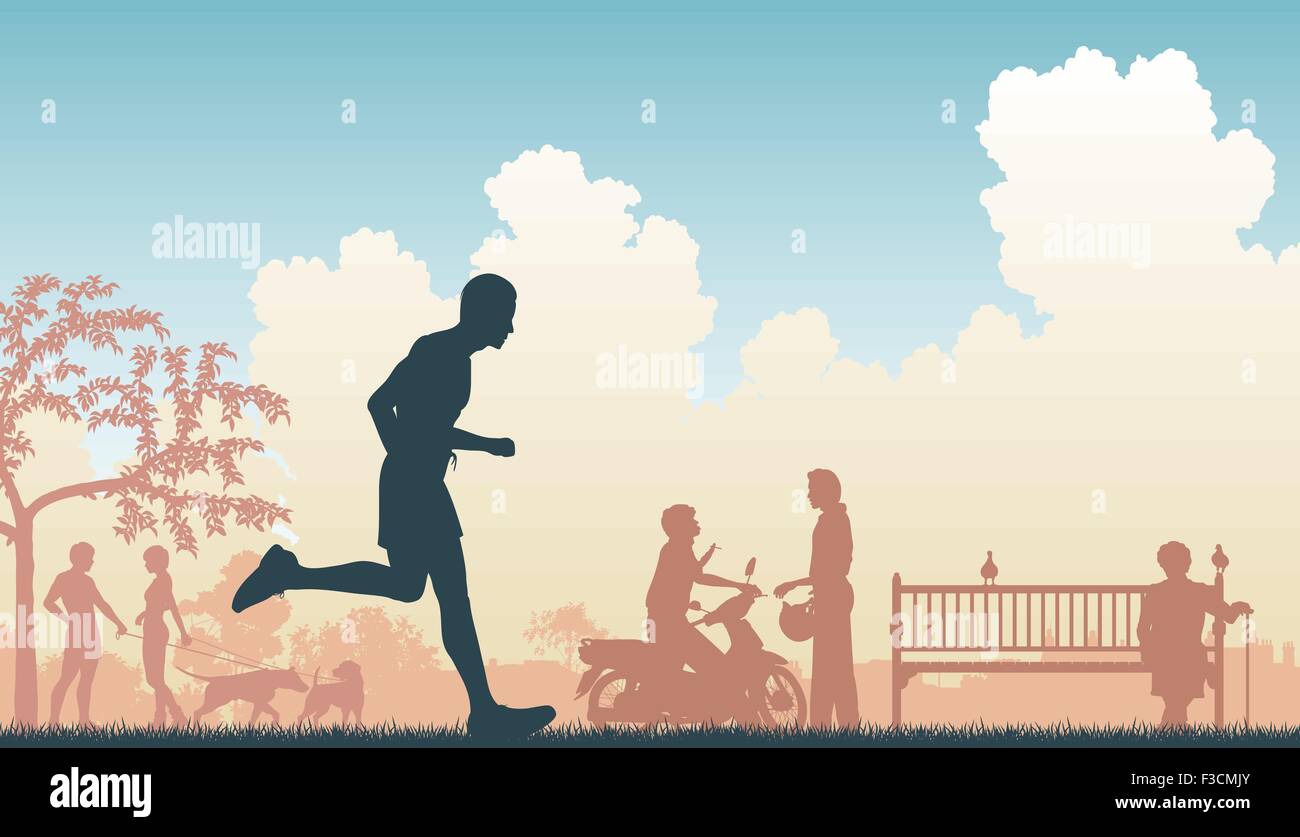 EPS8 editable vector illustration of a jogger running through an urban ...