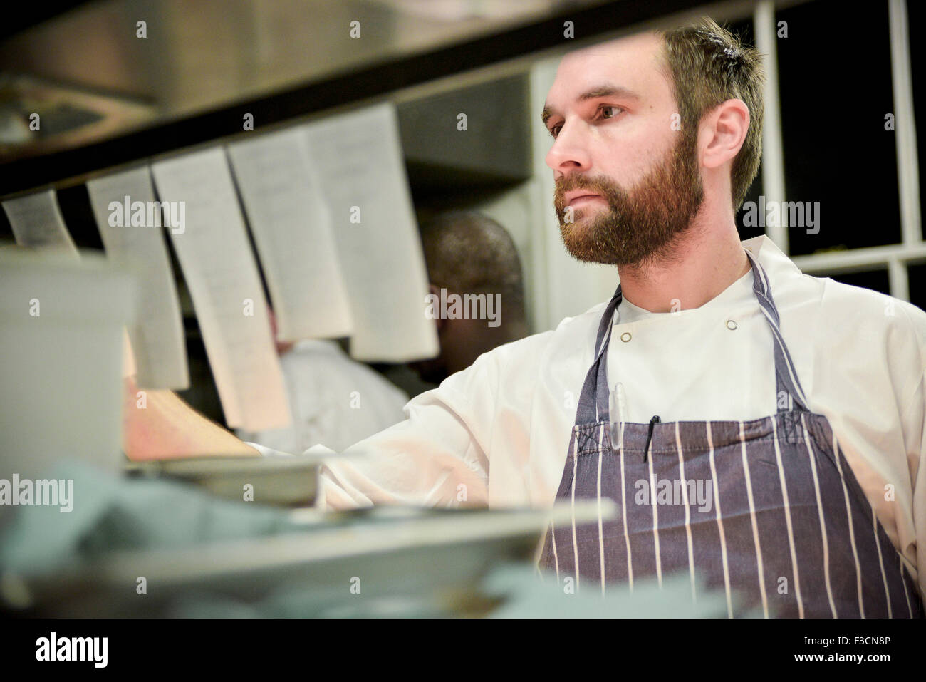 Chef reading order tickets Stock Photo - Alamy