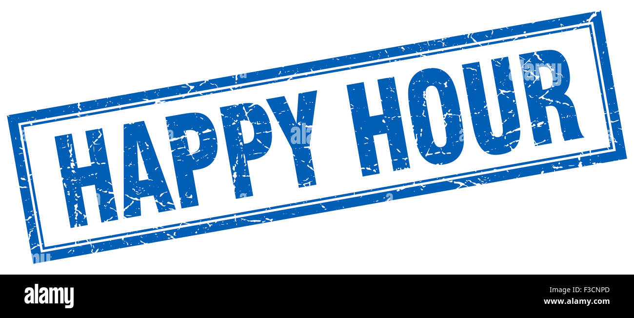 happy hour blue square grunge stamp on white Stock Photo - Alamy