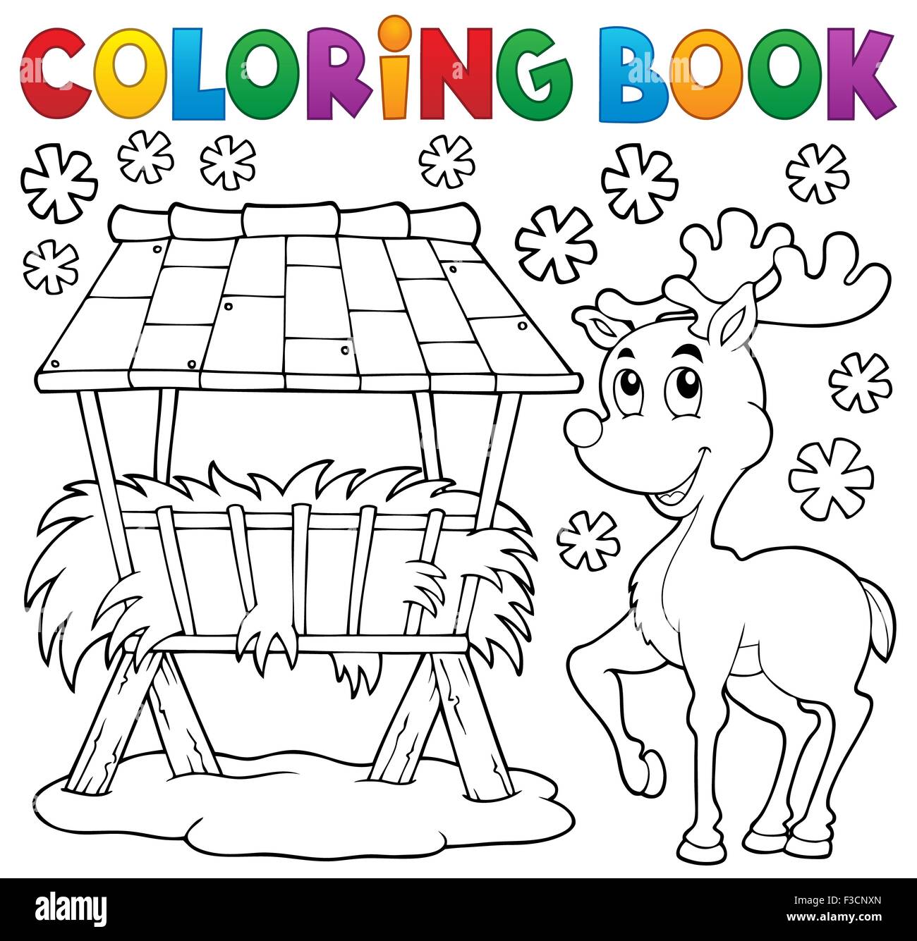 Coloring book hay rack and reindeer - picture illustration Stock Photo ...