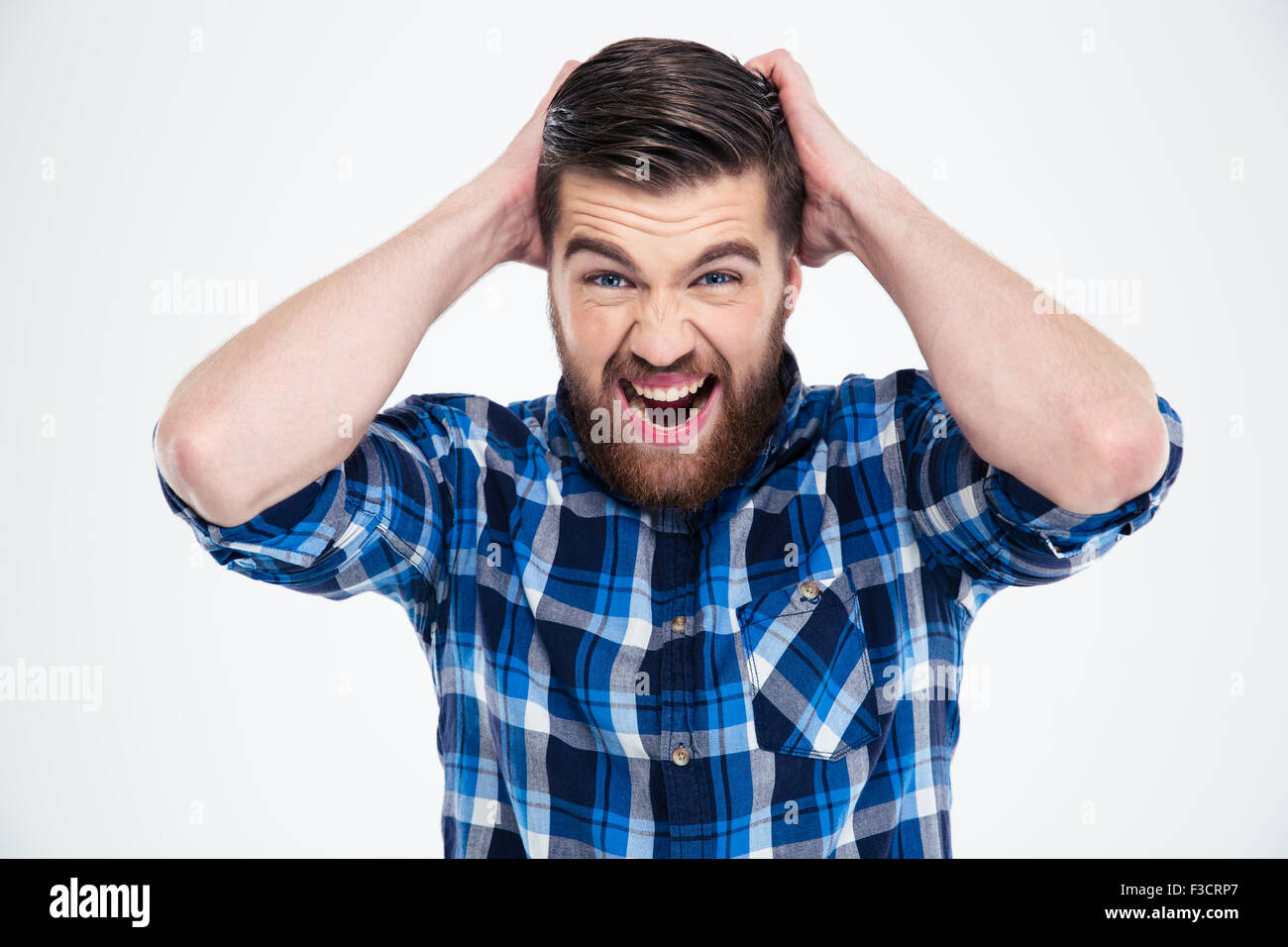 Portrait of a crazy man shouting isolated on a white background Stock ...