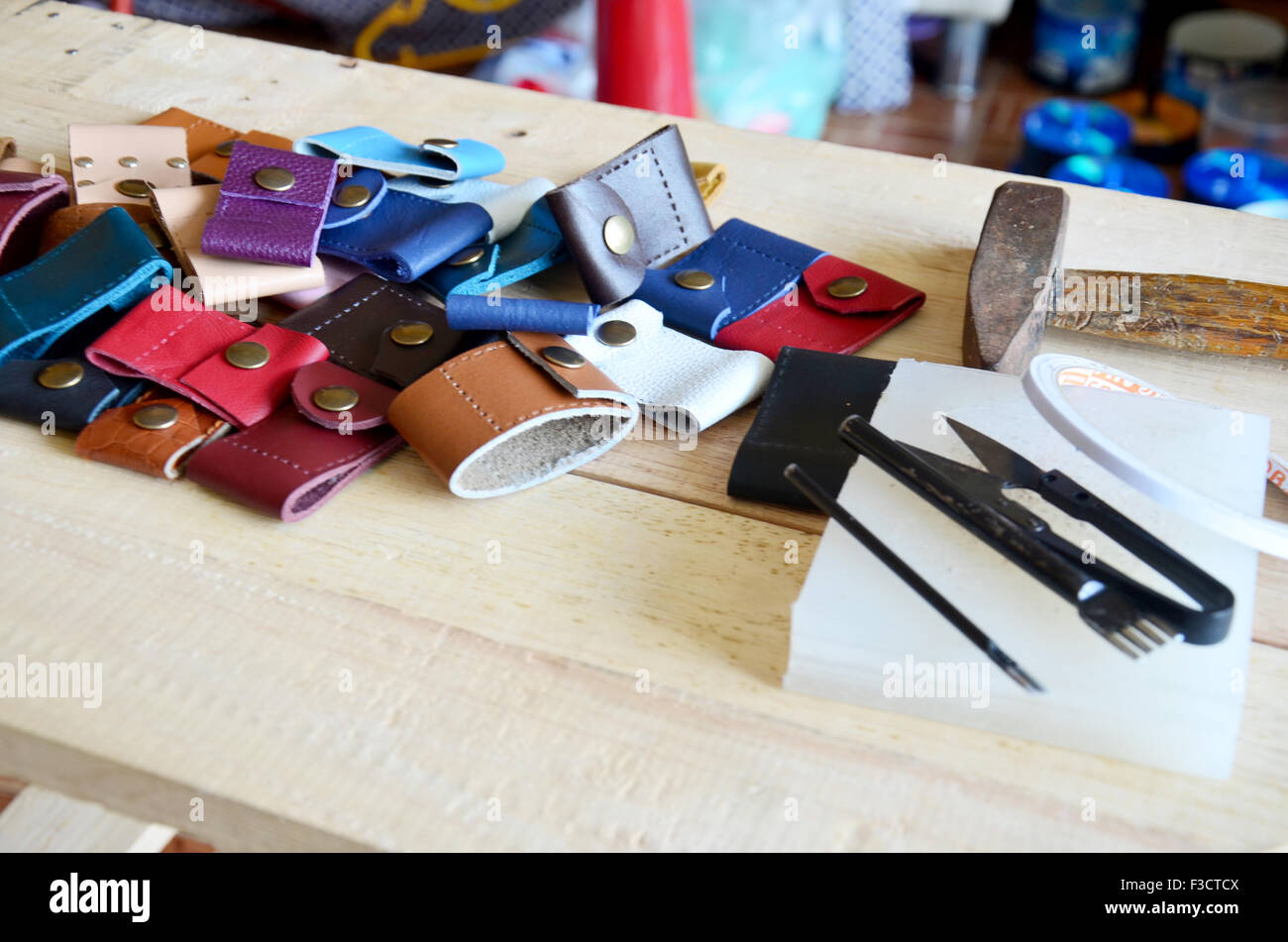 Leather craft tools for Handmade key ring and small bag made from ...