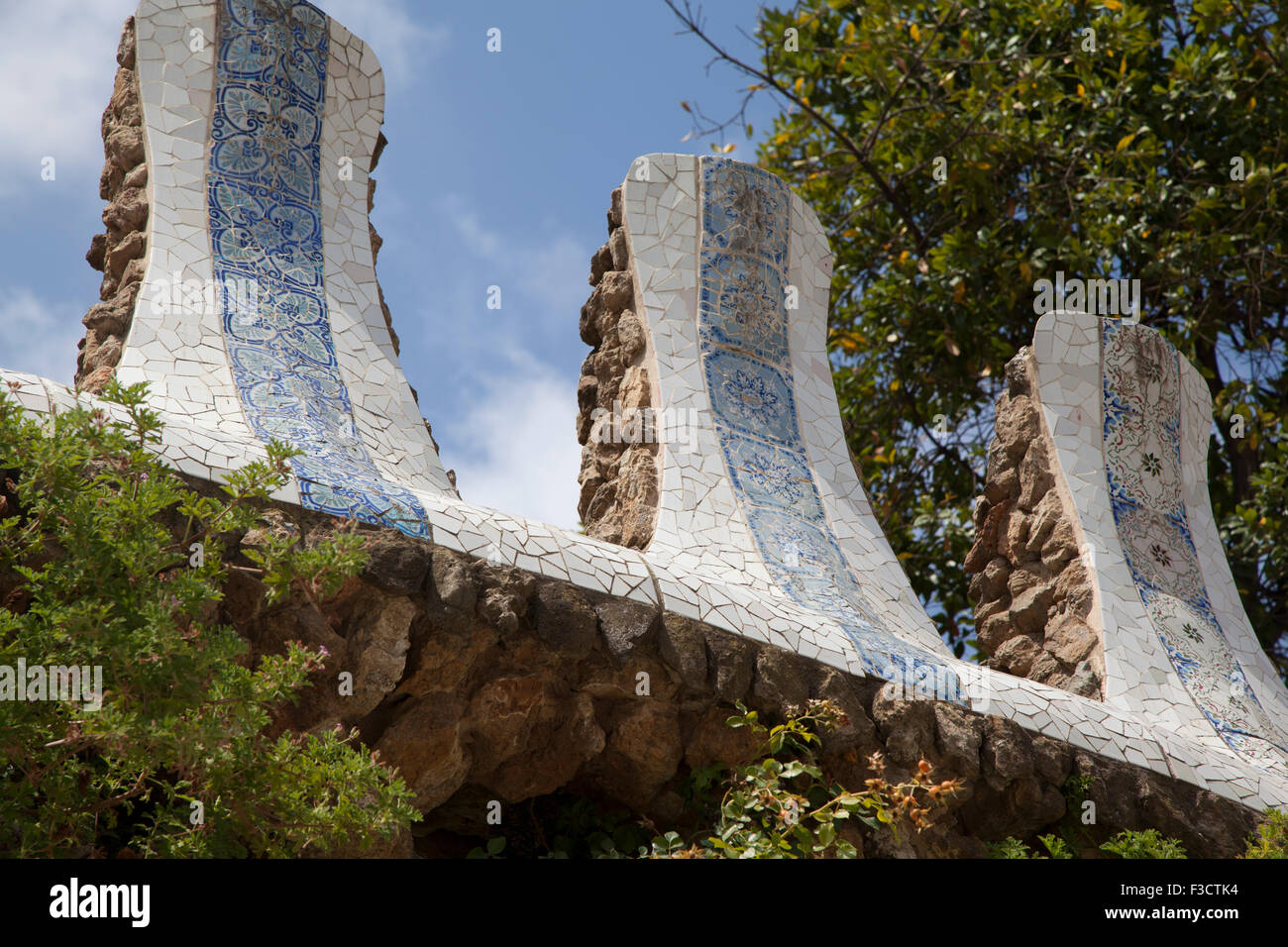 Park Guell in Barcelona with the famous mosaics of Antonio Gaudi Stock ...