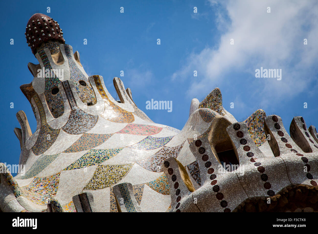 Park Guell in Barcelona with the famous mosaics of Antonio Gaudi Stock ...