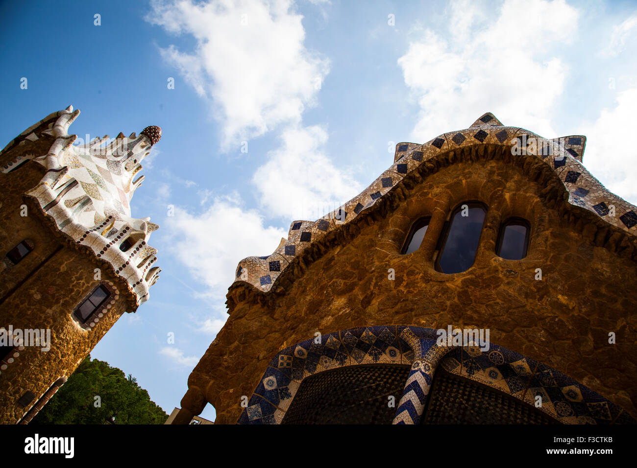 Park Guell in Barcelona with the famous mosaics of Antonio Gaudi Stock ...