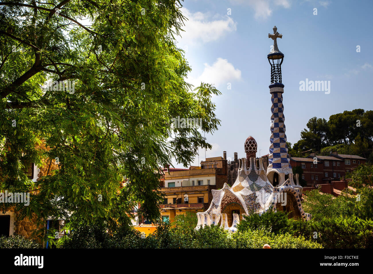 Park Guell in Barcelona with the famous mosaics of Antonio Gaudi Stock ...