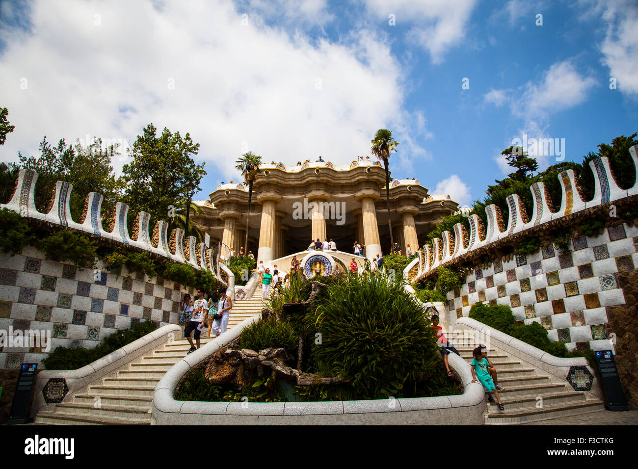 Park Guell in Barcelona with the famous mosaics of Antonio Gaudi Stock ...