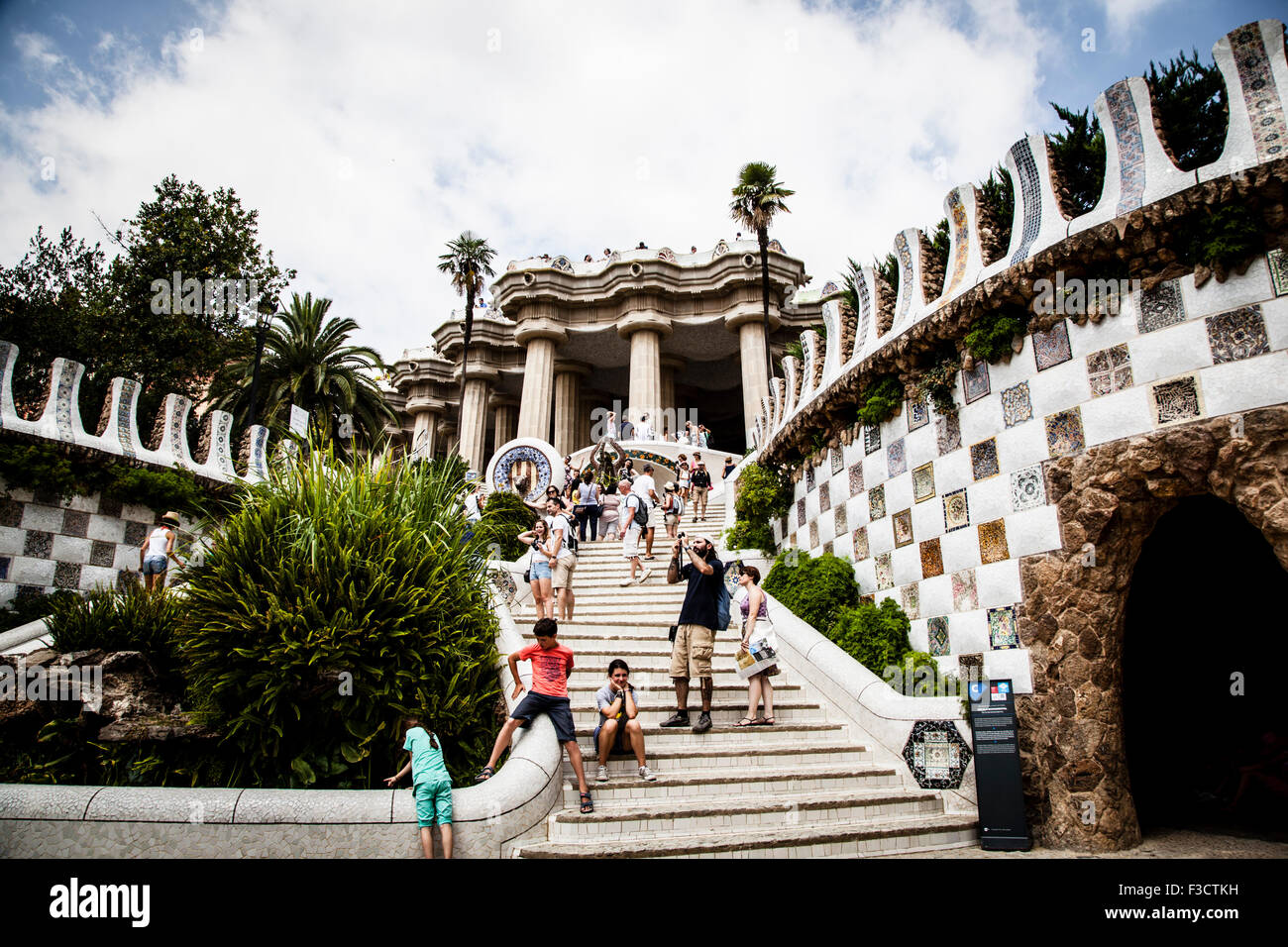 Park Guell in Barcelona with the famous mosaics of Antonio Gaudi Stock ...