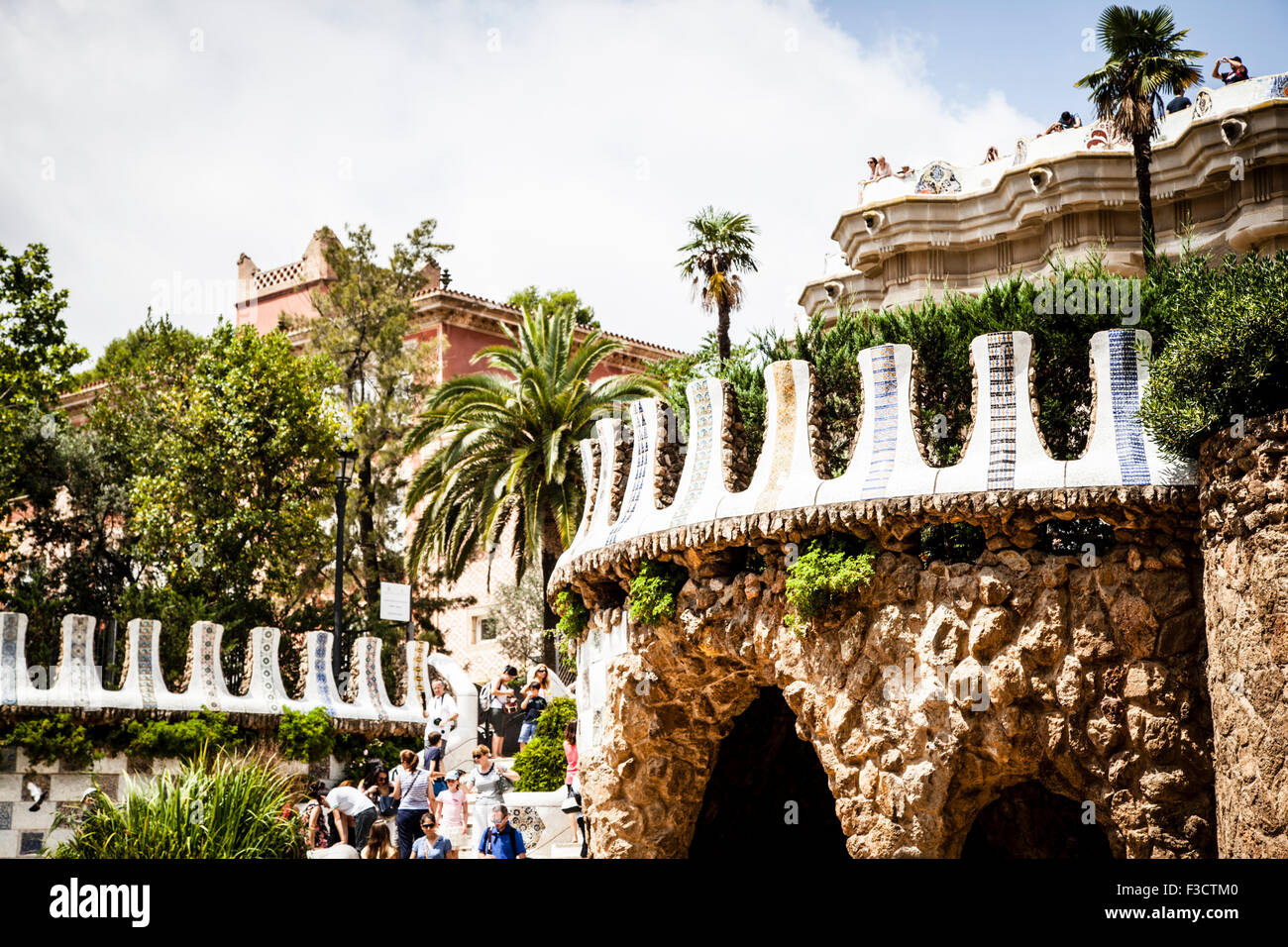 Park Guell in Barcelona with the famous mosaics of Antonio Gaudi Stock ...