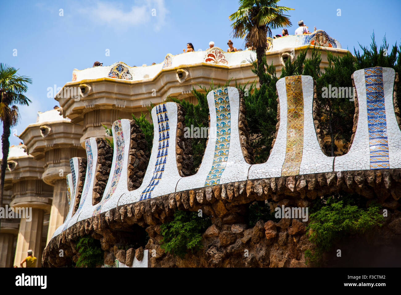 Park Guell in Barcelona with the famous mosaics of Antonio Gaudi Stock ...