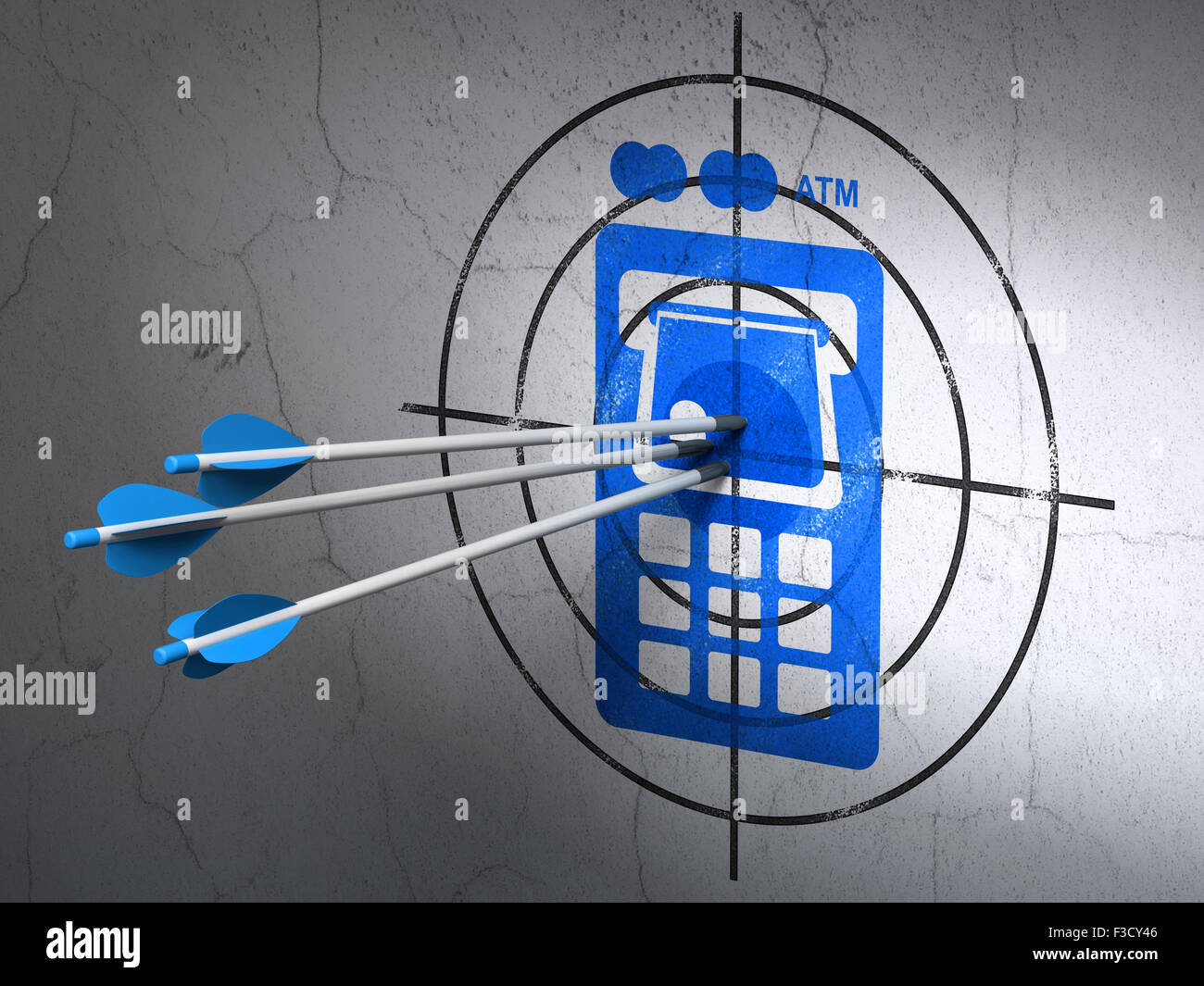 Currency concept: arrows in ATM Machine target on wall background Stock ...