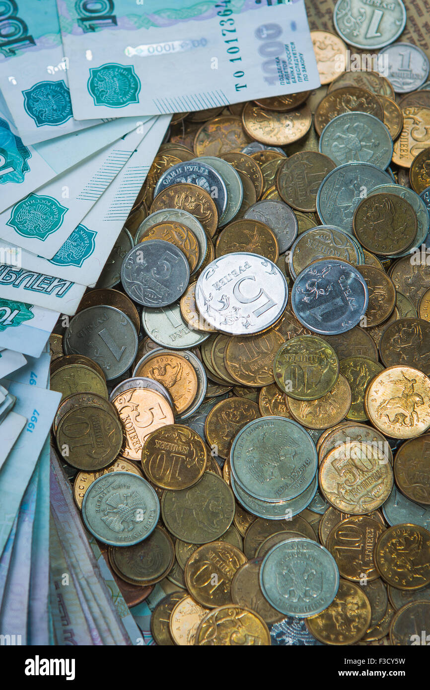 Russian rouble bills composition, different banknotes and coins Stock ...