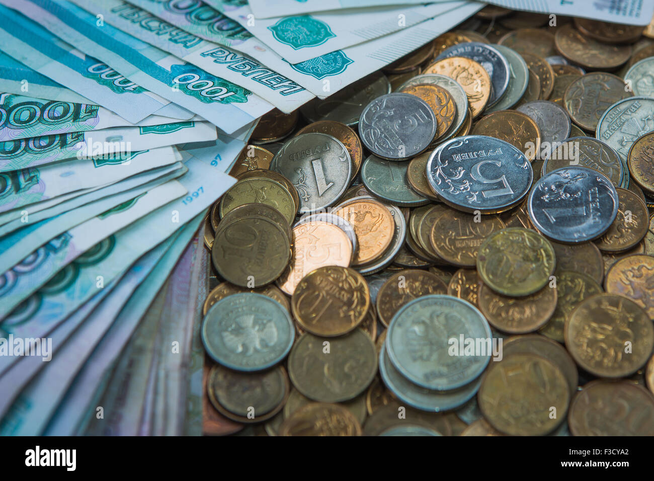 Russian rouble bills composition, different banknotes and coins Stock ...