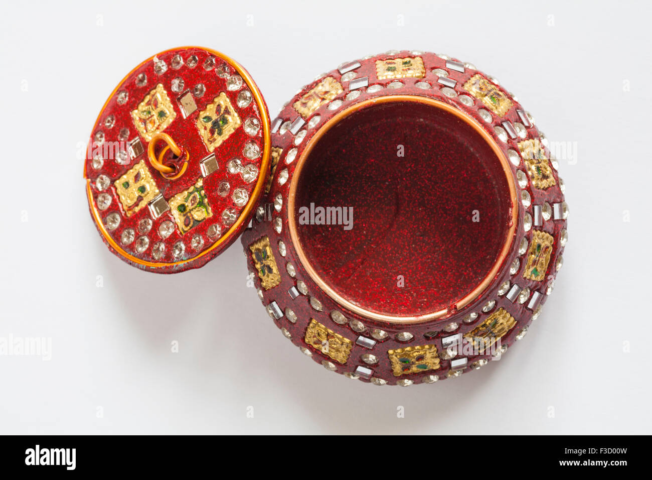 Decorative red trinket box with lid off isolated on white background ...