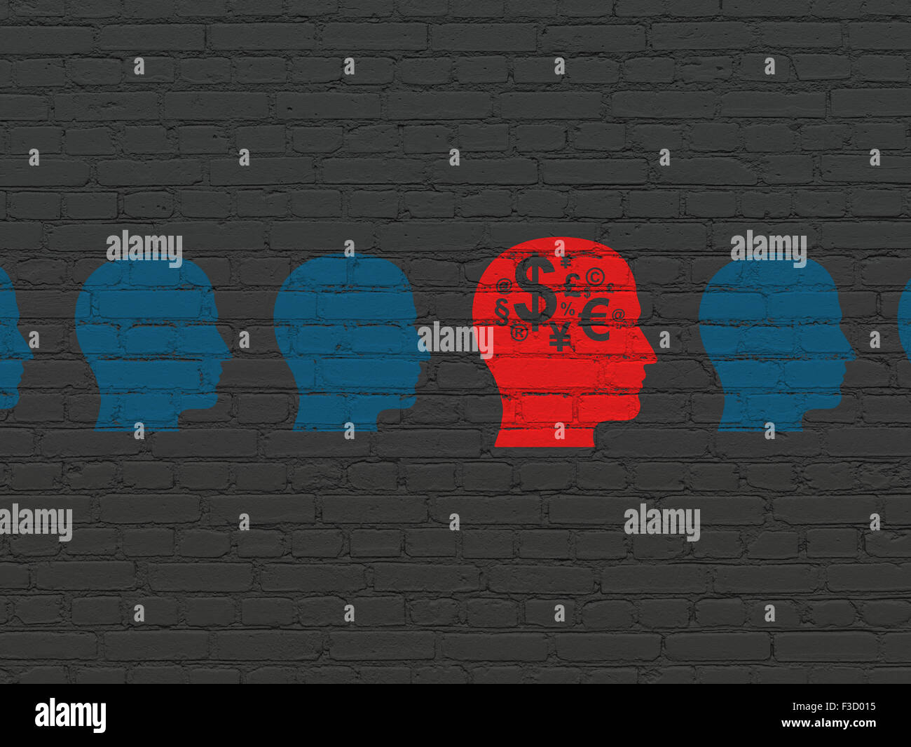 Finance concept: head with finance symbol icon on wall background Stock ...