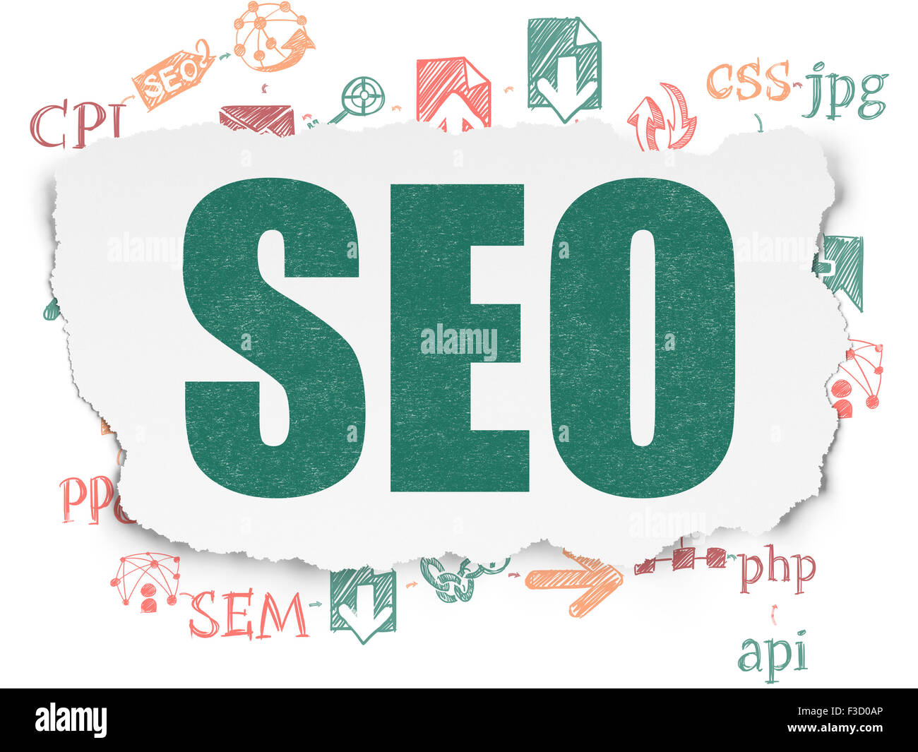 Web development concept: Painted green text SEO on Torn Paper background with Scheme Of Hand ...
