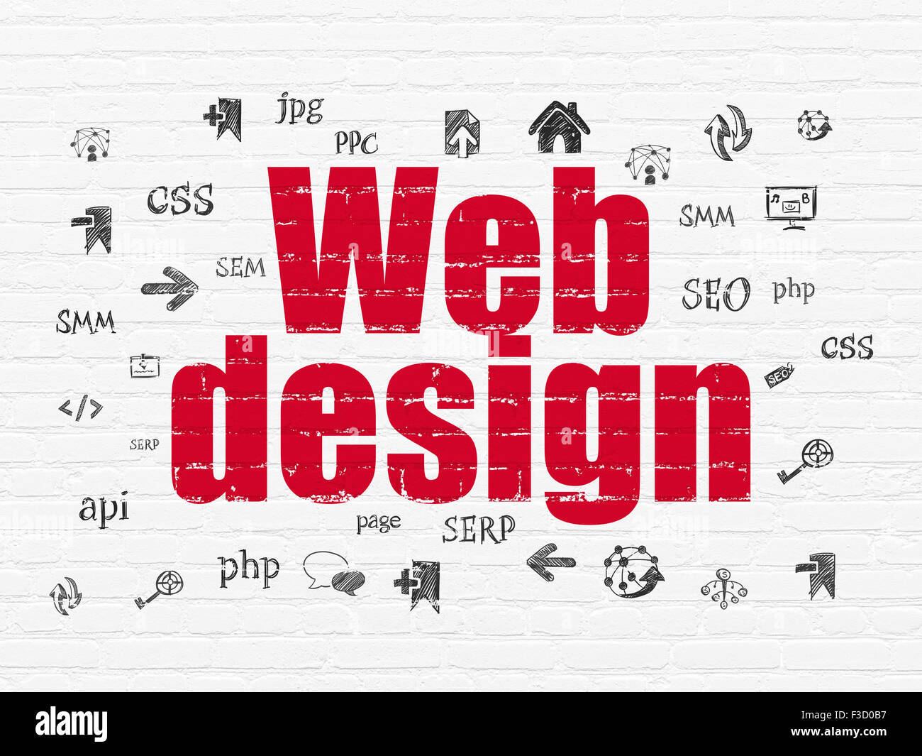 Web development concept: Painted red text Web Design on White Brick ...