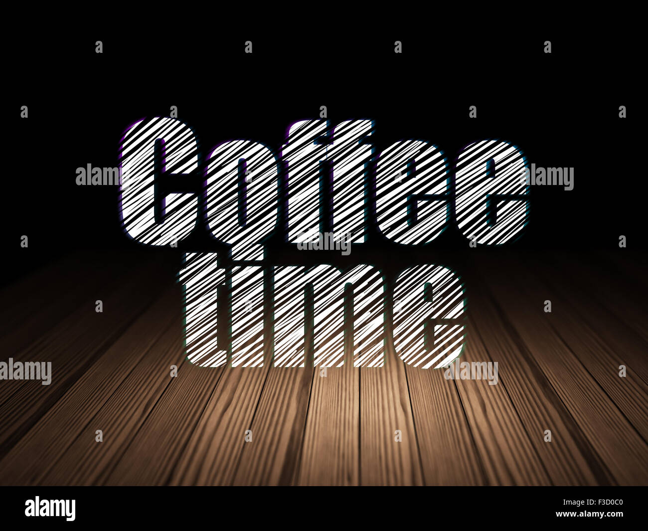 Timeline concept: Glowing text Coffee Time in grunge dark room with ...