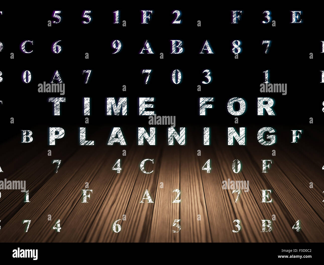 Timeline concept: Glowing text Time for Planning in grunge dark room ...