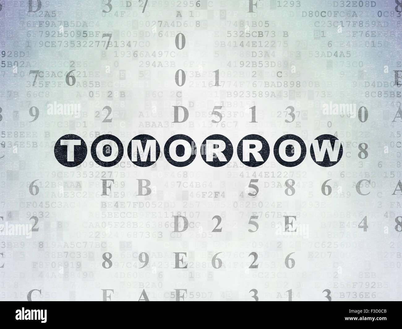 Timeline concept: Painted black text Tomorrow on Digital Paper background with Hexadecimal Code ...