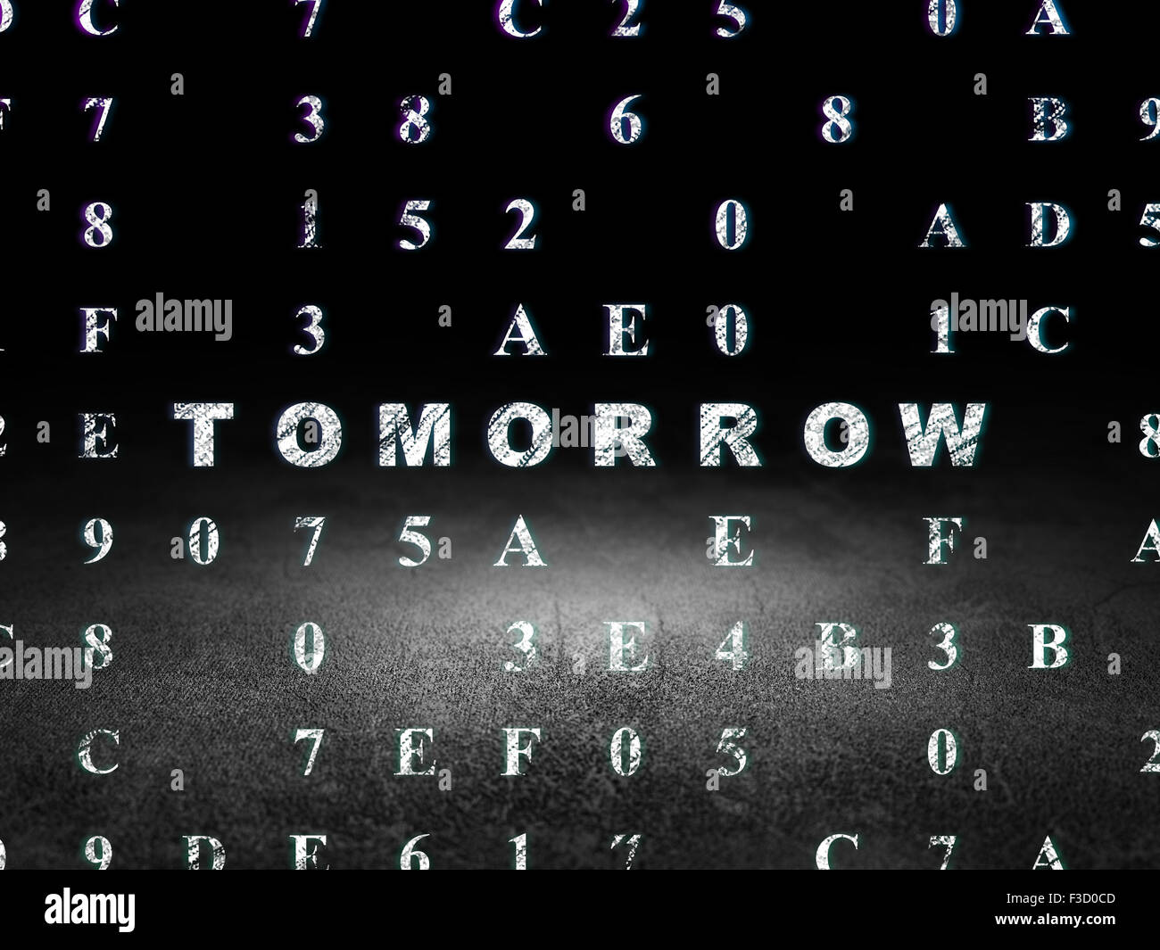 Time concept: Glowing text Tomorrow in grunge dark room with Dirty ...