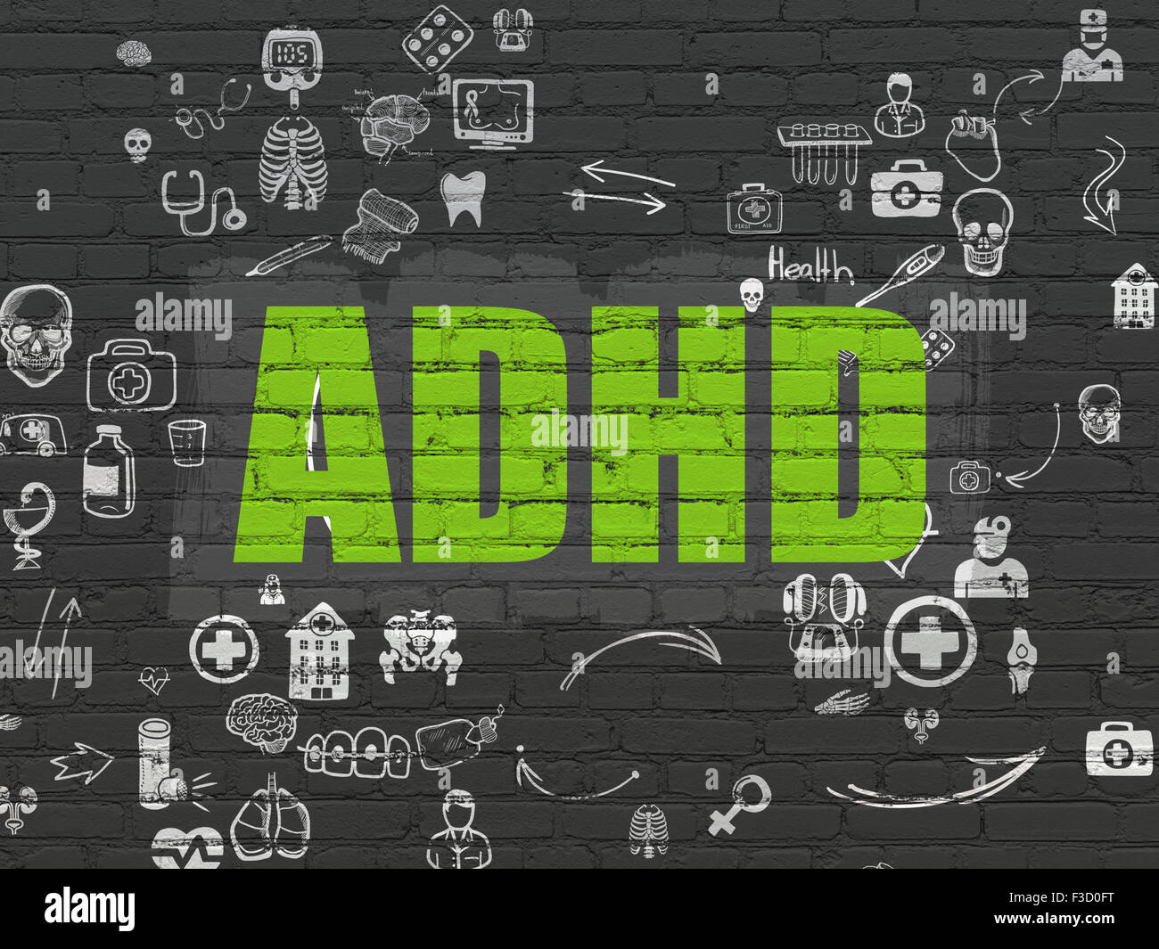 Health concept: Painted green text ADHD on Black Brick wall background ...