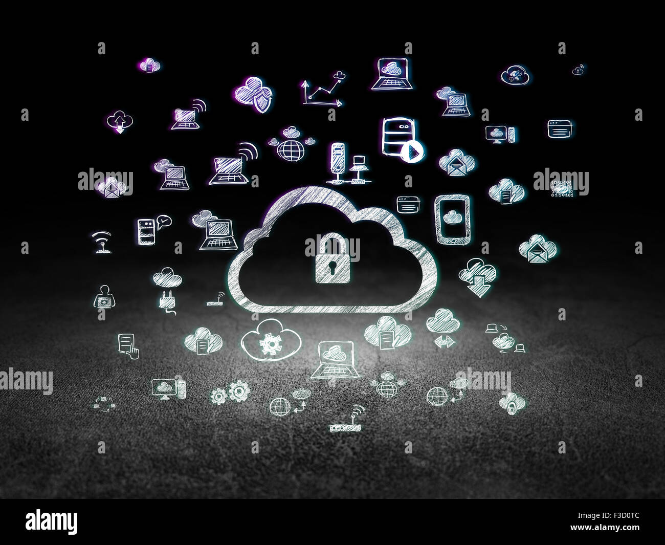 Cloud computing concept: Glowing Cloud With Padlock icon in grunge dark ...