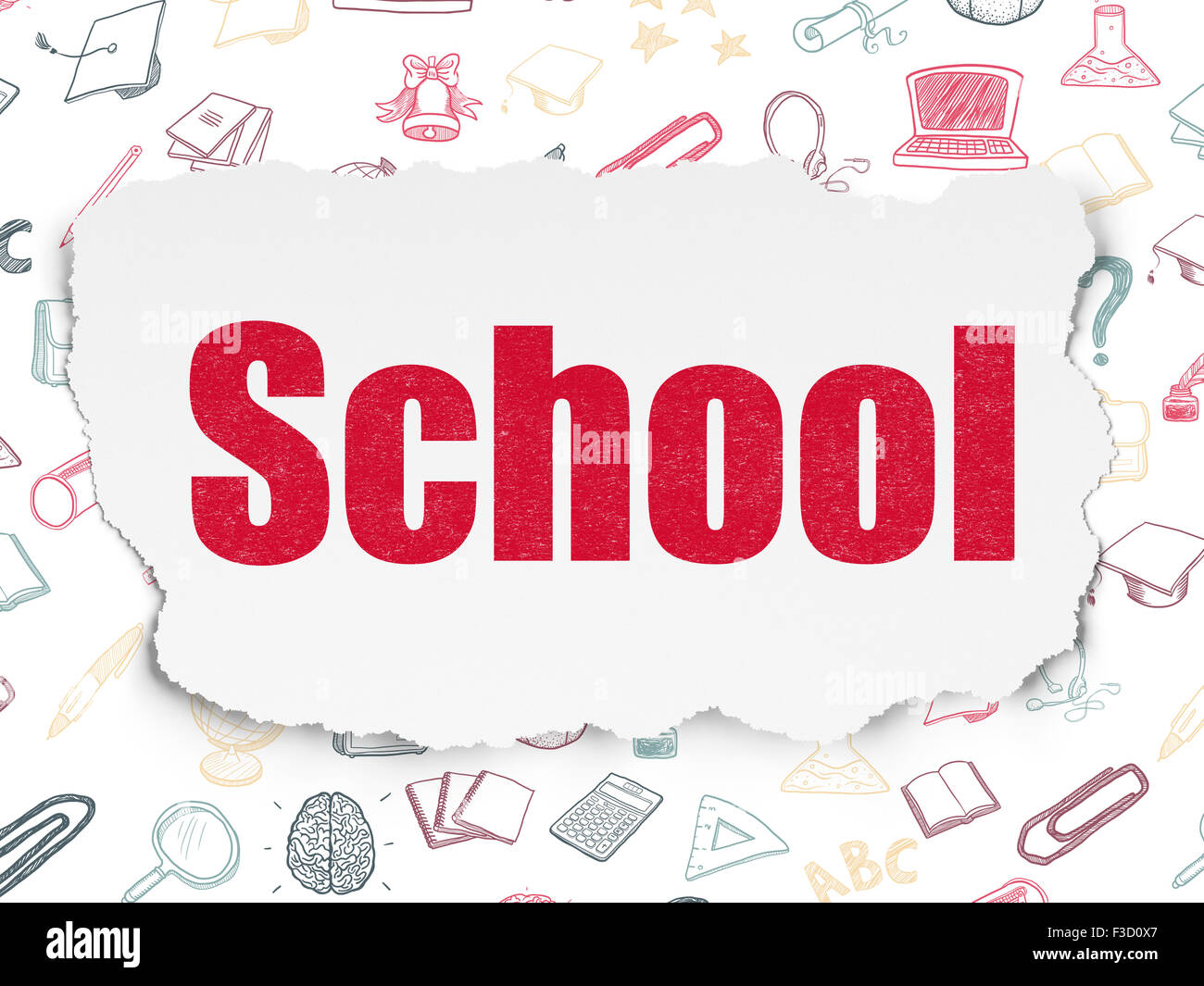 Learning concept: Painted red text School on Torn Paper background with ...