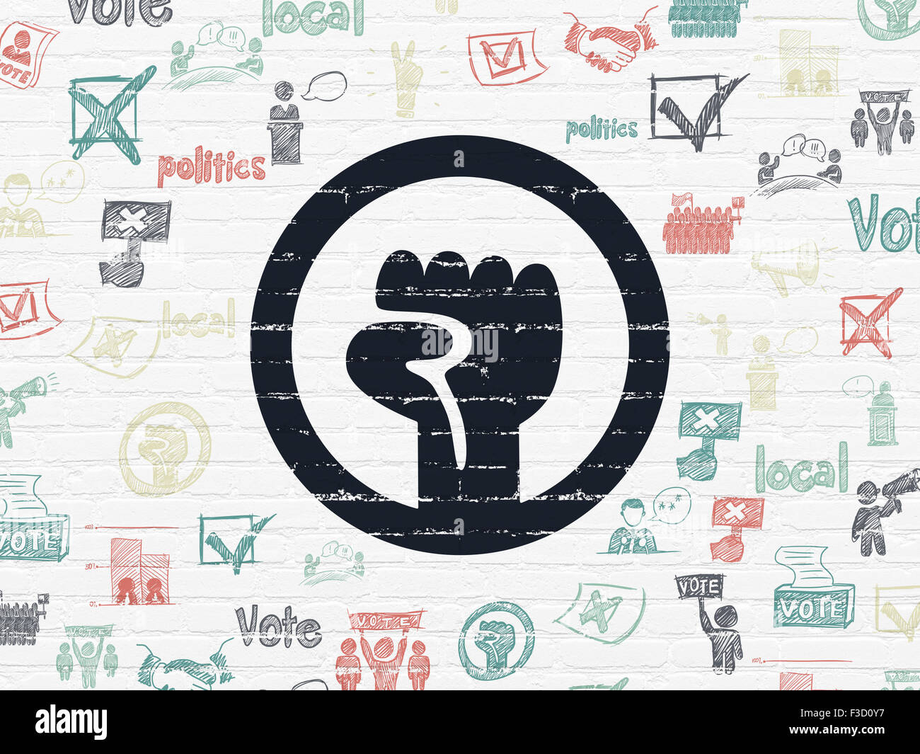 Politics concept: Painted black Uprising icon on White Brick wall ...
