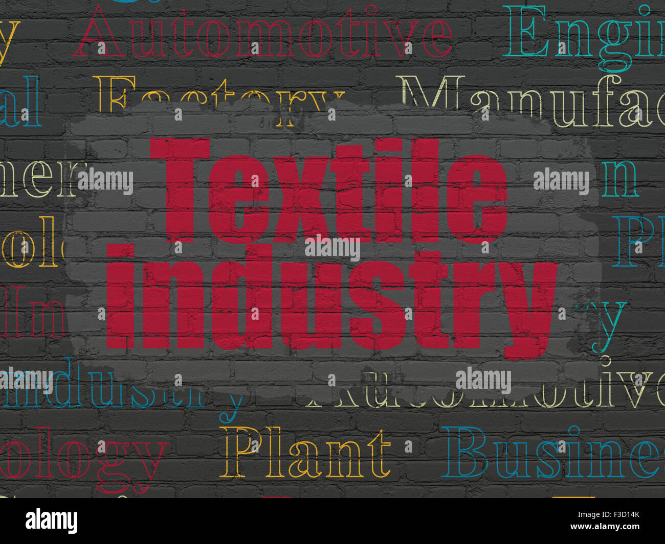 Manufacuring concept: Painted red text Textile Industry on Black Brick ...