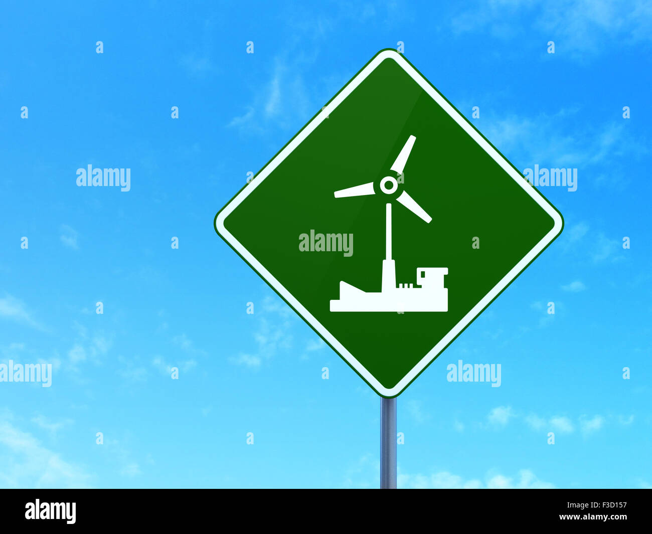 Industry concept: Windmill on green road (highway) sign, clear blue sky ...