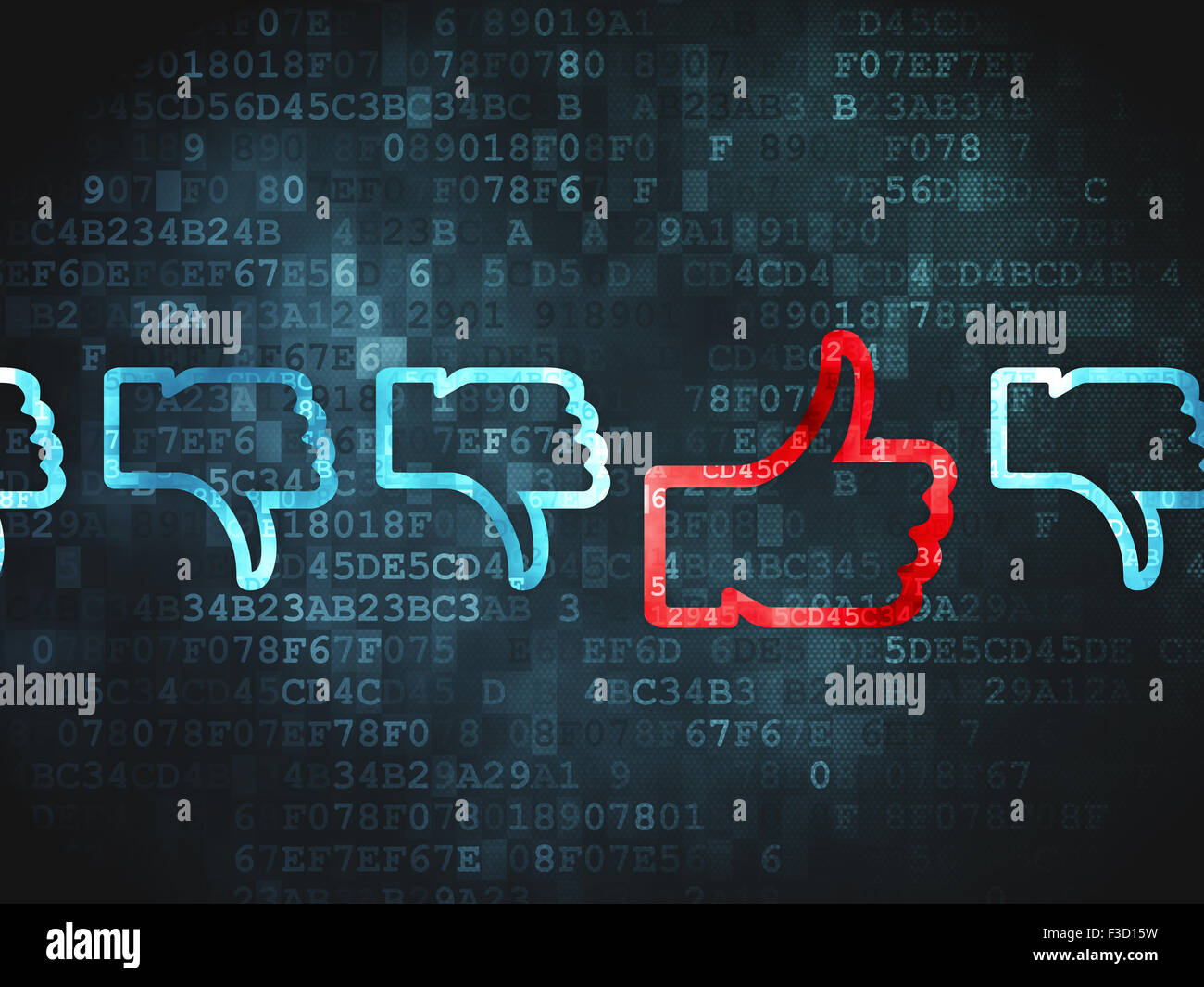 Social media concept: pixelated Thumb Up, Down icon on digital ... Social media concept: pixelated Thumb Up, Down icon on digital ...