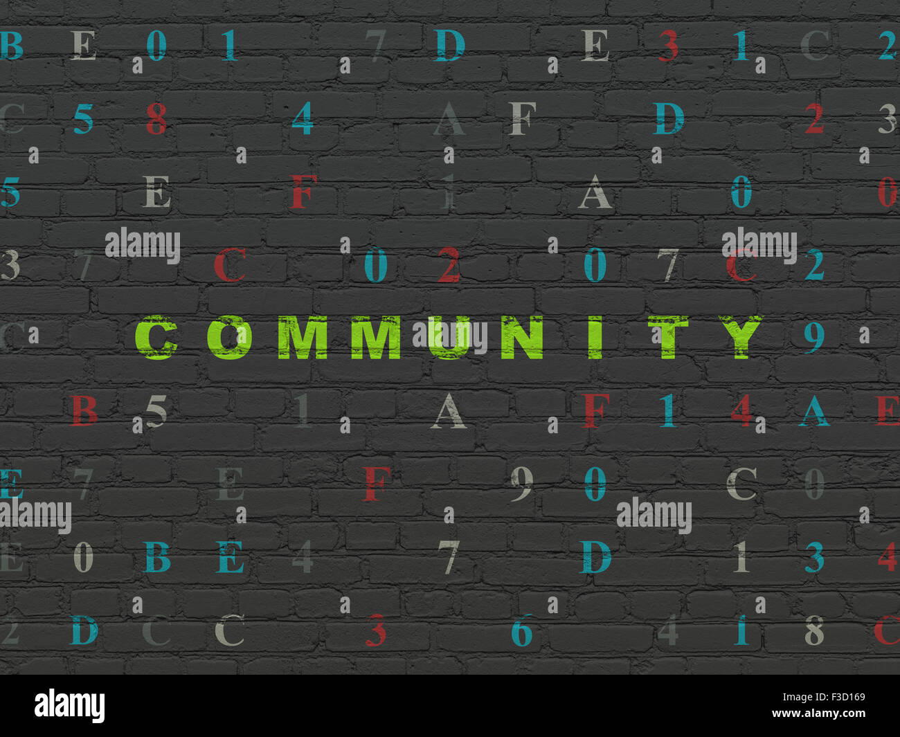 Social media concept: Painted green text Community on Black Brick wall background with ...