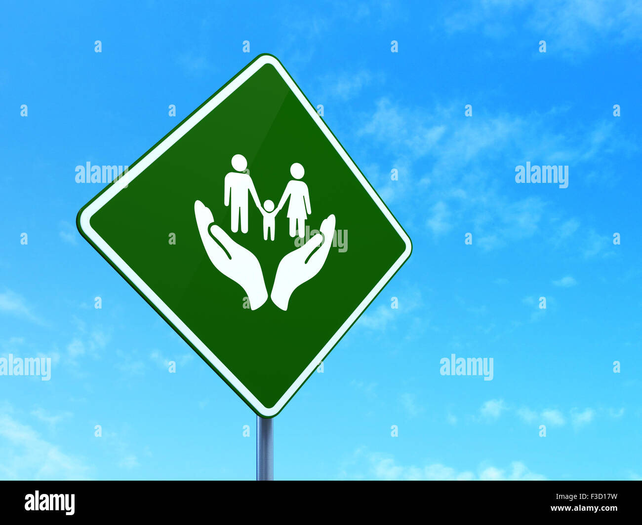 Insurance concept: Family And Palm on green road (highway) sign, clear ...