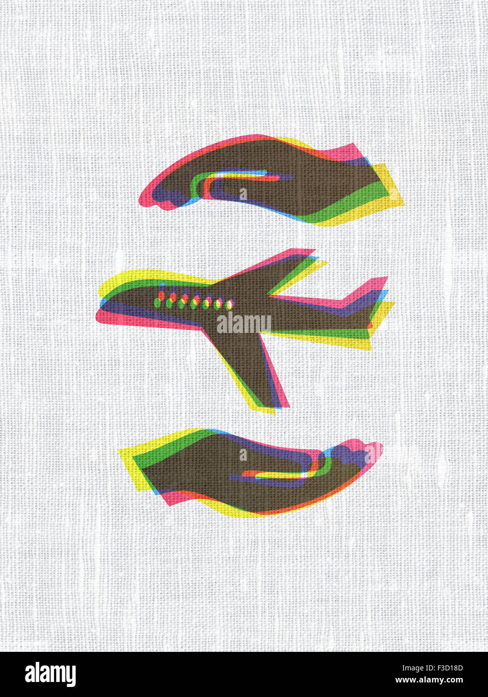 Insurance concept: CMYK Airplane And Palm on linen fabric texture ...