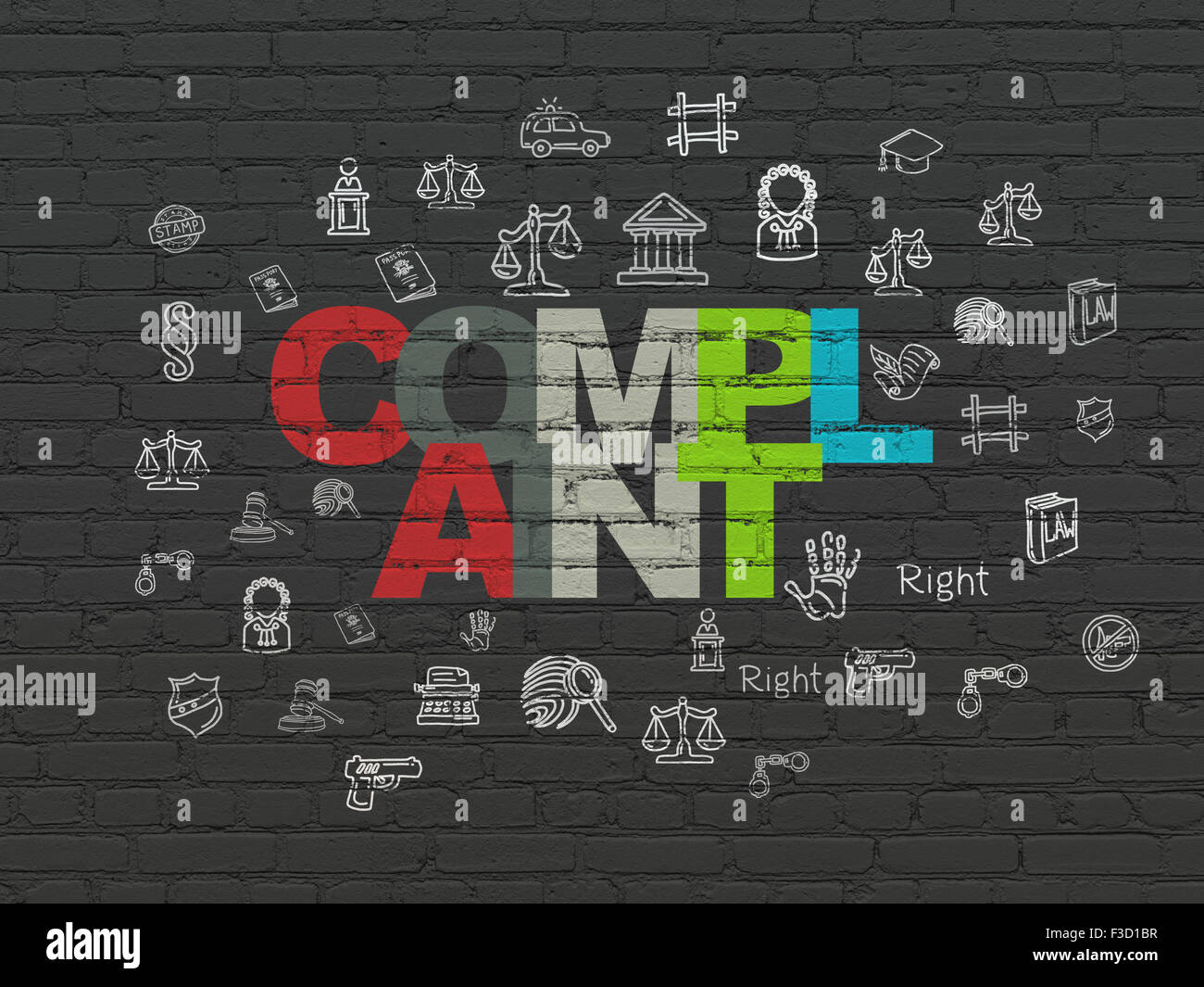 Law concept: Painted multicolor text Complaint on Black Brick wall background with Hand Drawn ...