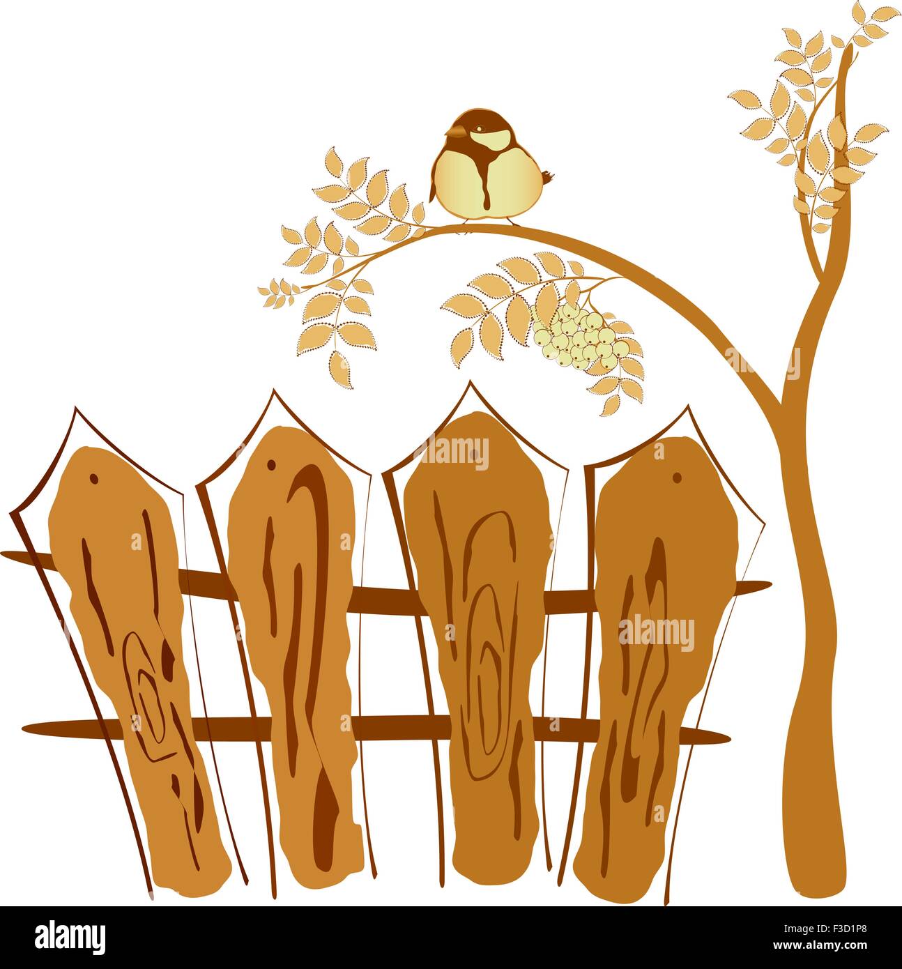 Autumn drawing, bird sitting on a tree Rowan. EPS10 vector illustration ...