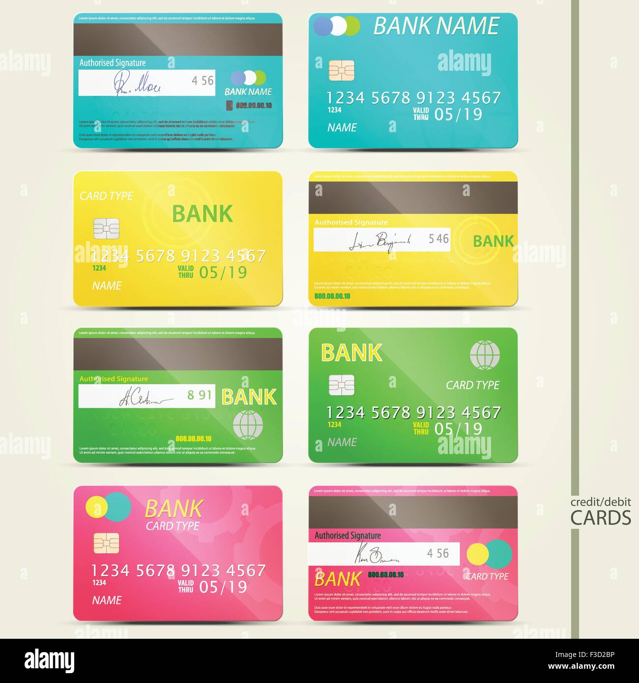 set of colorful, realistic credit card icons with fictitious signature ...