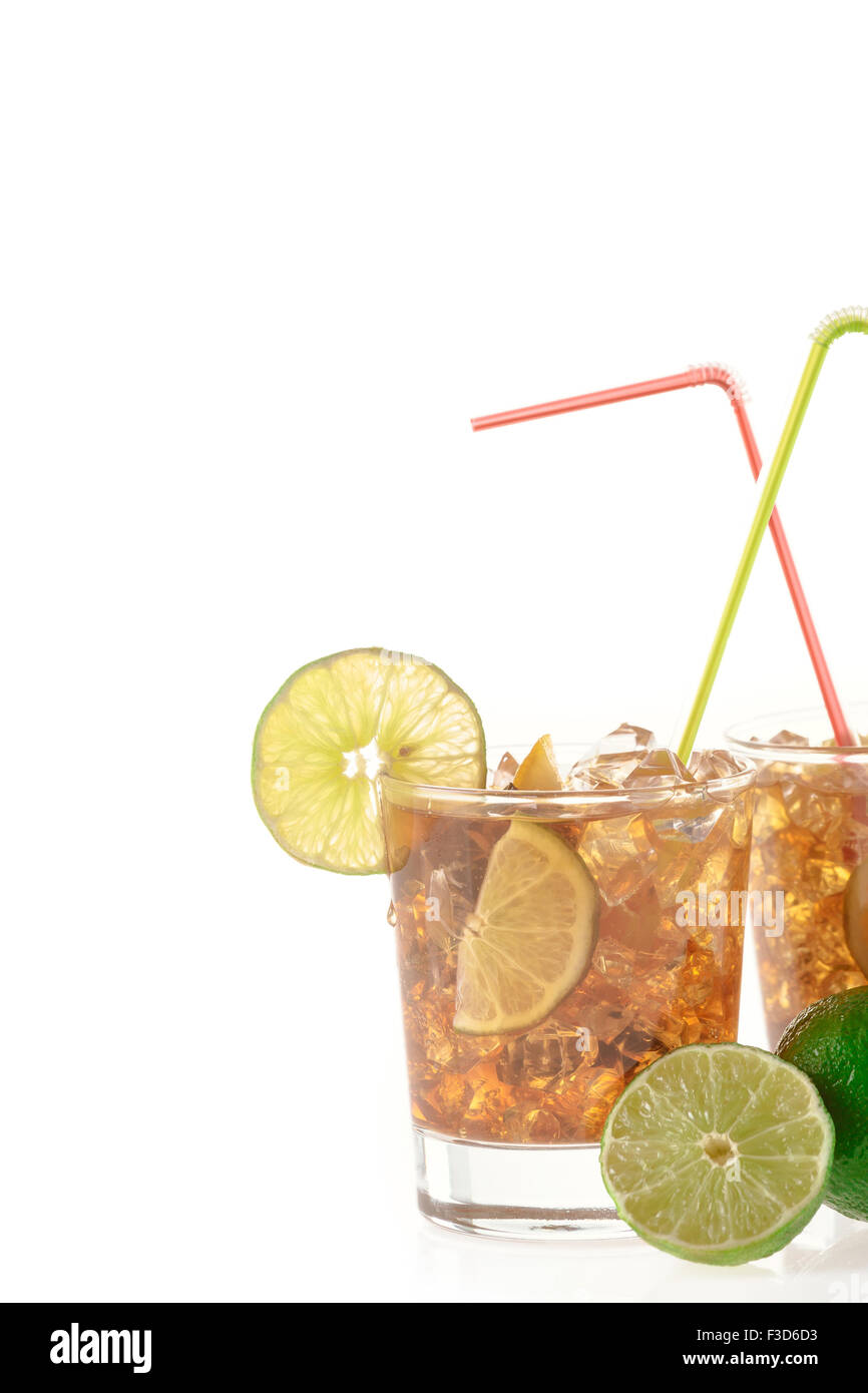 Fresh Fresh cocktail with cola drink and lime fruit on white background ...