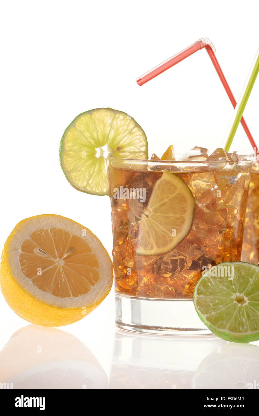 Fresh Fresh cocktail with cola drink and lime fruit on white background ...