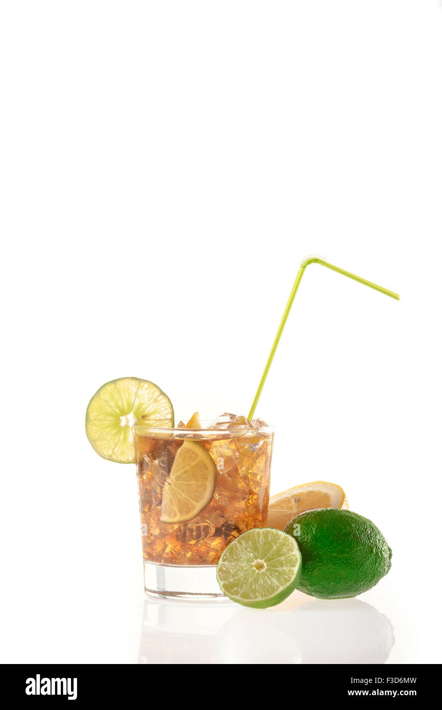 Fresh Fresh cocktail with cola drink and lime fruit on white background ...